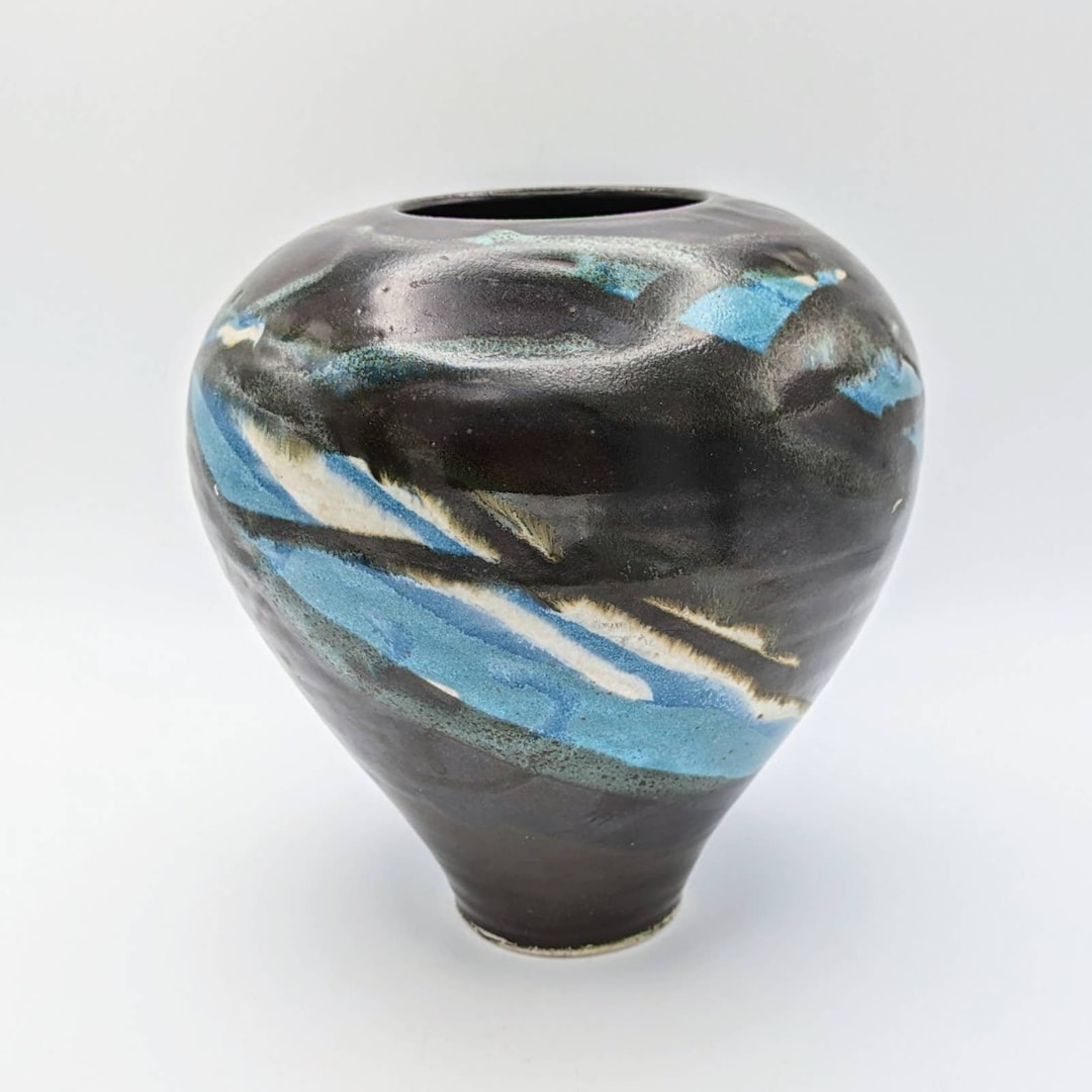 Signed Alex Long 1990 Vase Black Teal Blue and White Vintage - Etsy