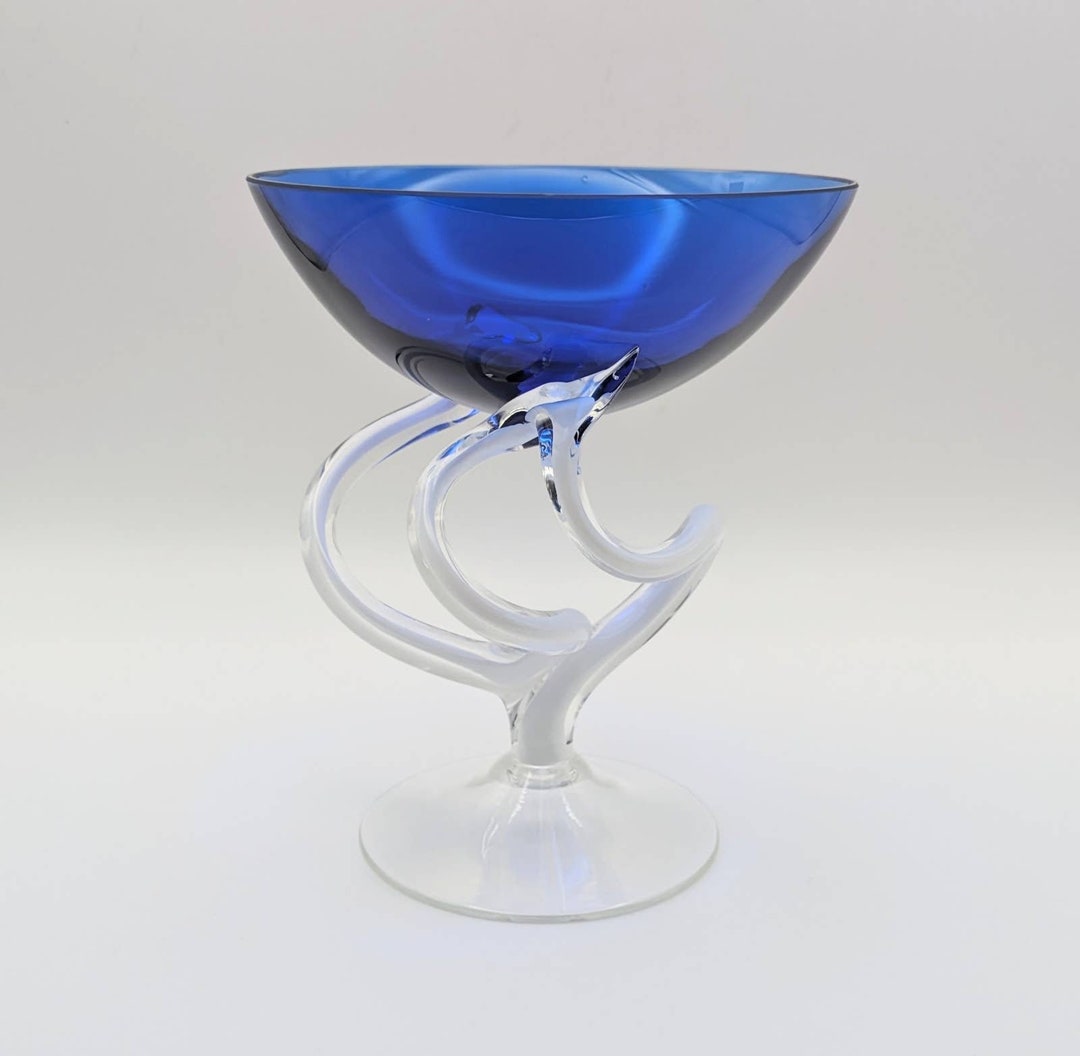 Krosno Józefina Makora Cobalt Blue Jellyfish Compote Glass With Swirly ...