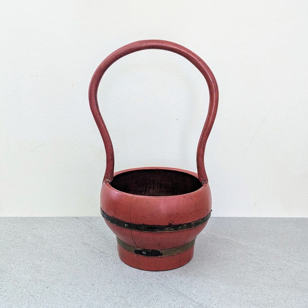 Vintage Chinese Red Wooden Basket or Bucket With Tall Bentwood Handle ...