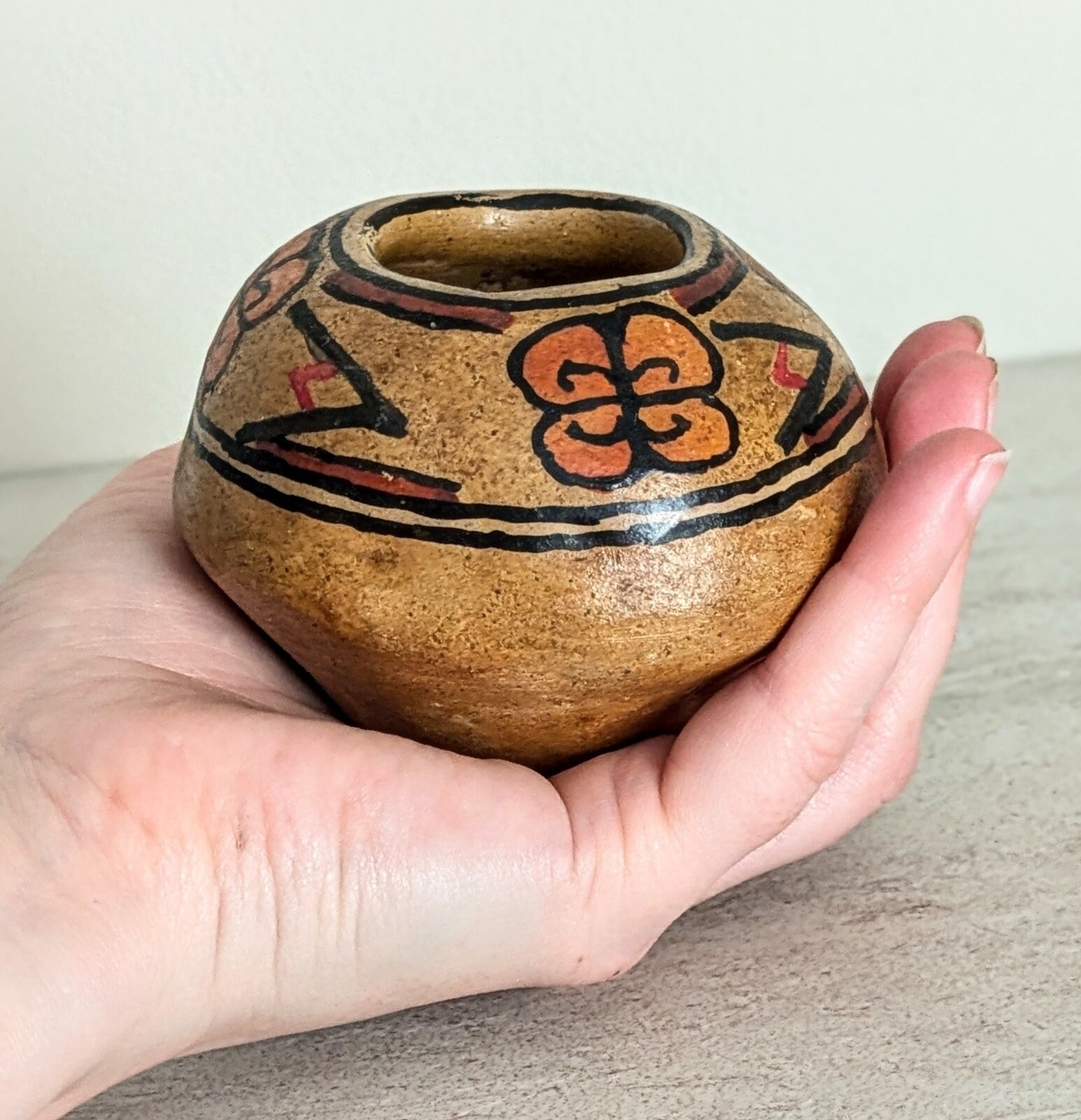 Vintage Small Clay Pot Hand Painted Earth Tone Abstract Designs ...