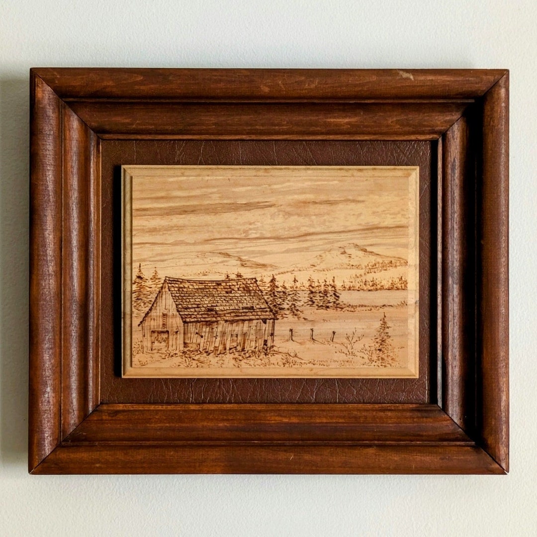 Vintage Signed Framed Pyrography of Barn and Rural Landscape - Etsy