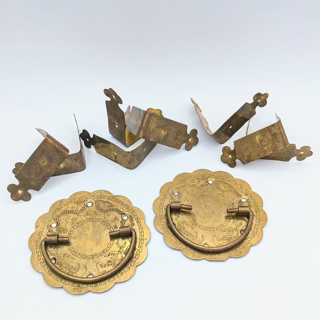 Vintage Chinese Engraved Brass Drawer Pulls and Furniture Corners - Etsy