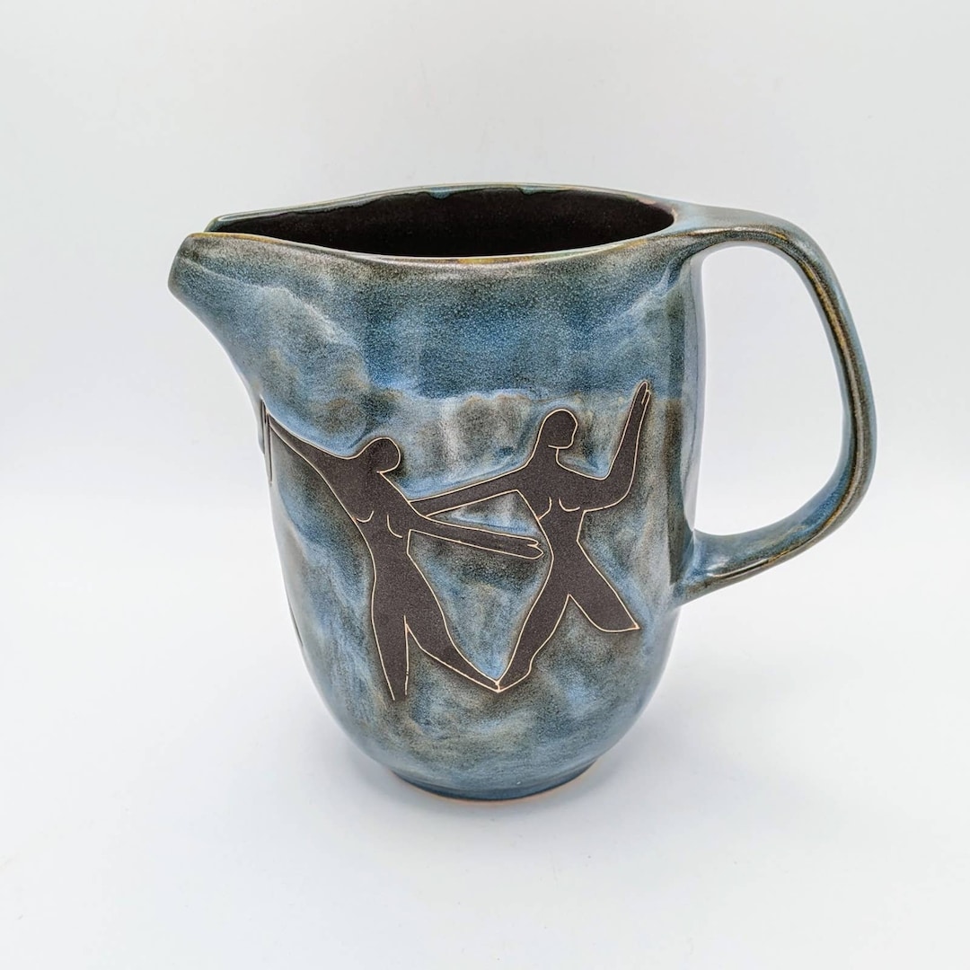 Modernist Signed Mara Mexico Blue and Black Stoneware Pottery Pitcher ...