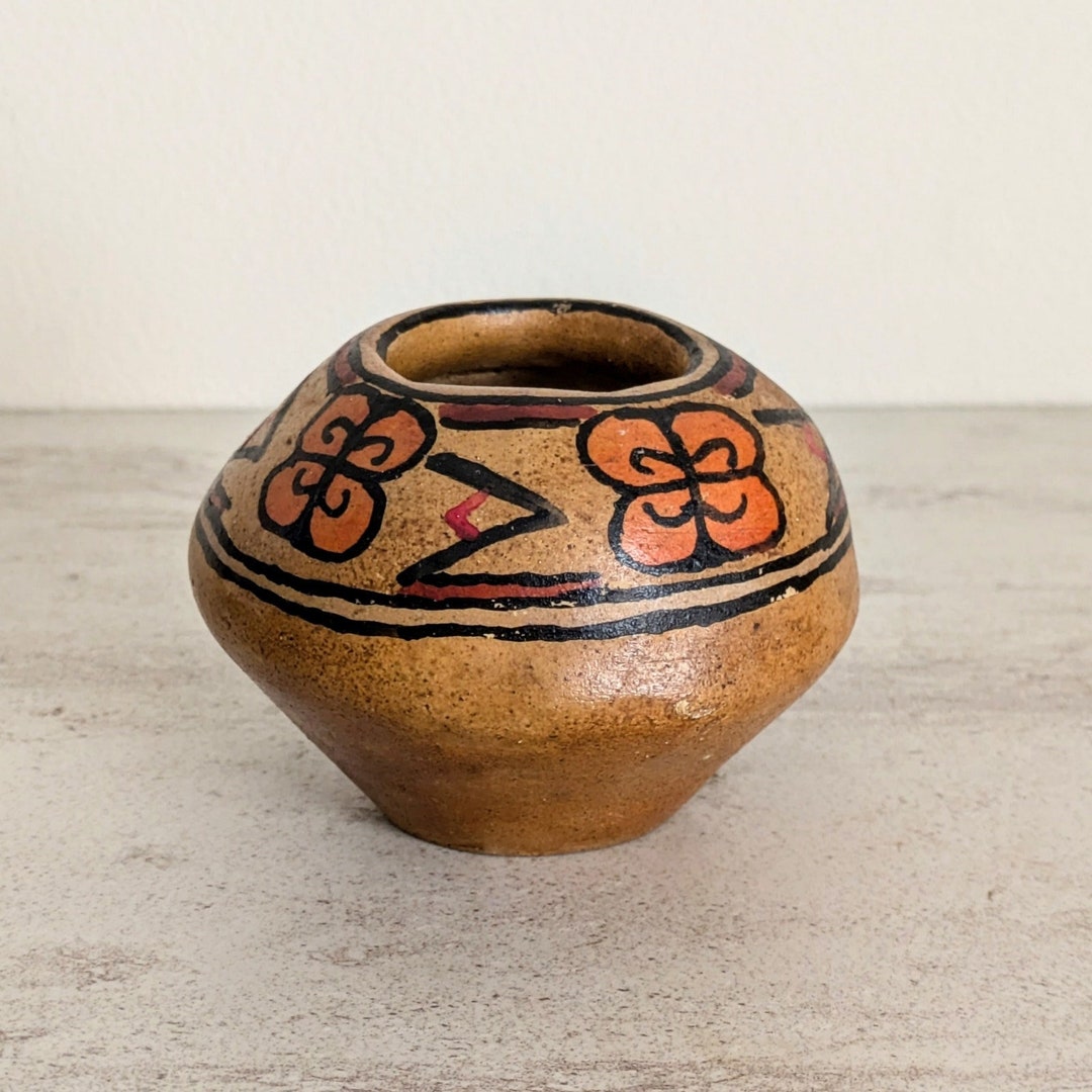 Vintage Small Clay Pot Hand Painted Earth Tone Abstract Designs ...