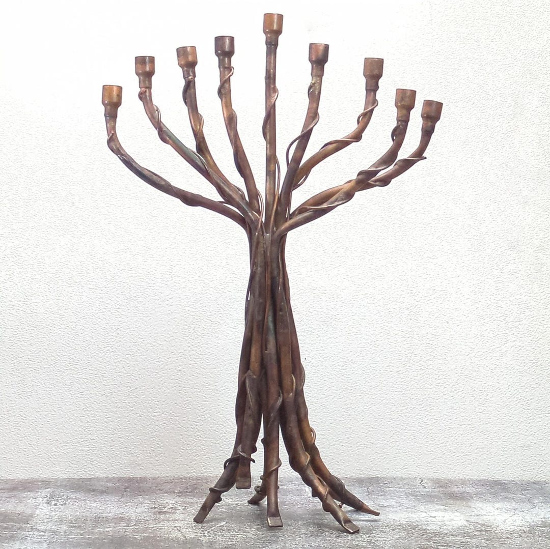 Artist Signed Brutalist Sculptural Tree Hanukkah Menorah, Oxidized ...