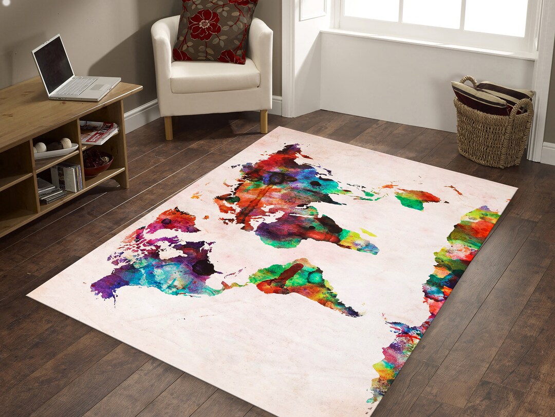 World Map Rug, World Map Carpet, Vibrant Colored Rug, Multicolored Rug ...