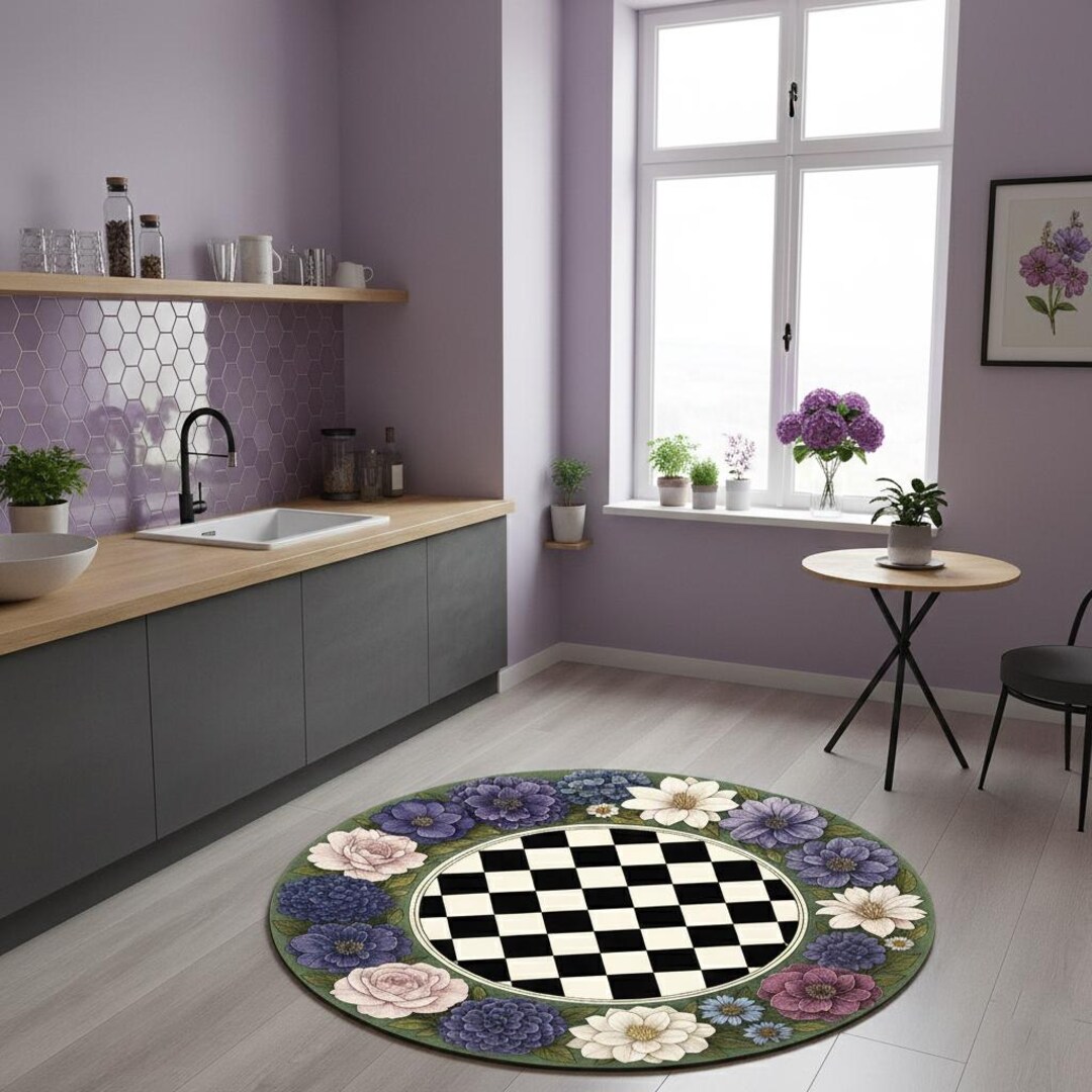 Floral Chessboard Rug – Elegant Chess Pattern Carpet With Blooming ...