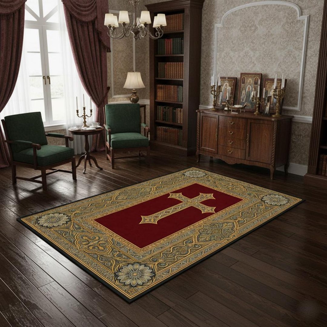 Sacred Christian Prayer Rug – Ornate Cross Medallion Carpet for ...