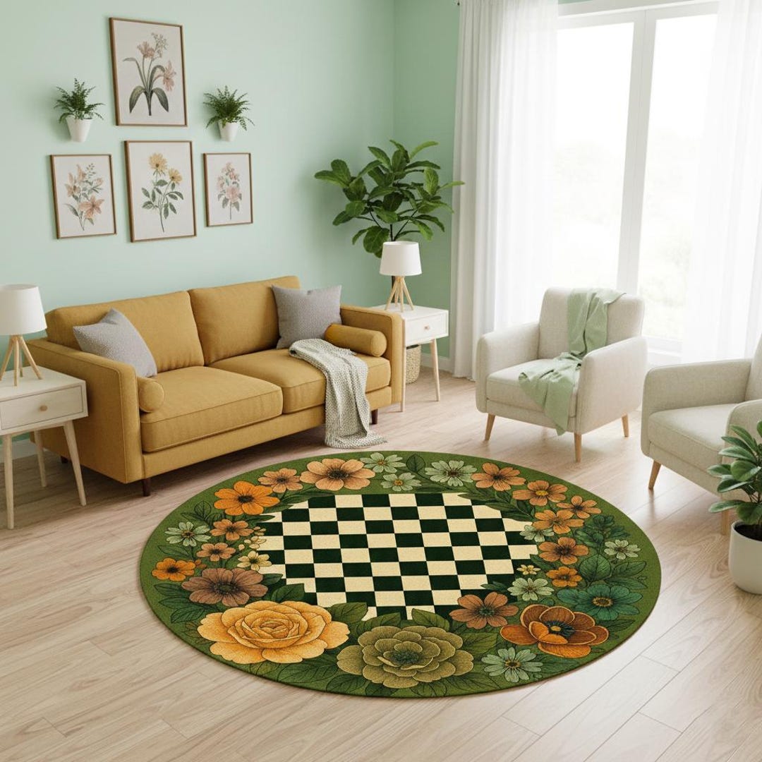 Floral Chessboard Rug – Elegant Chess Pattern Carpet With Blooming ...