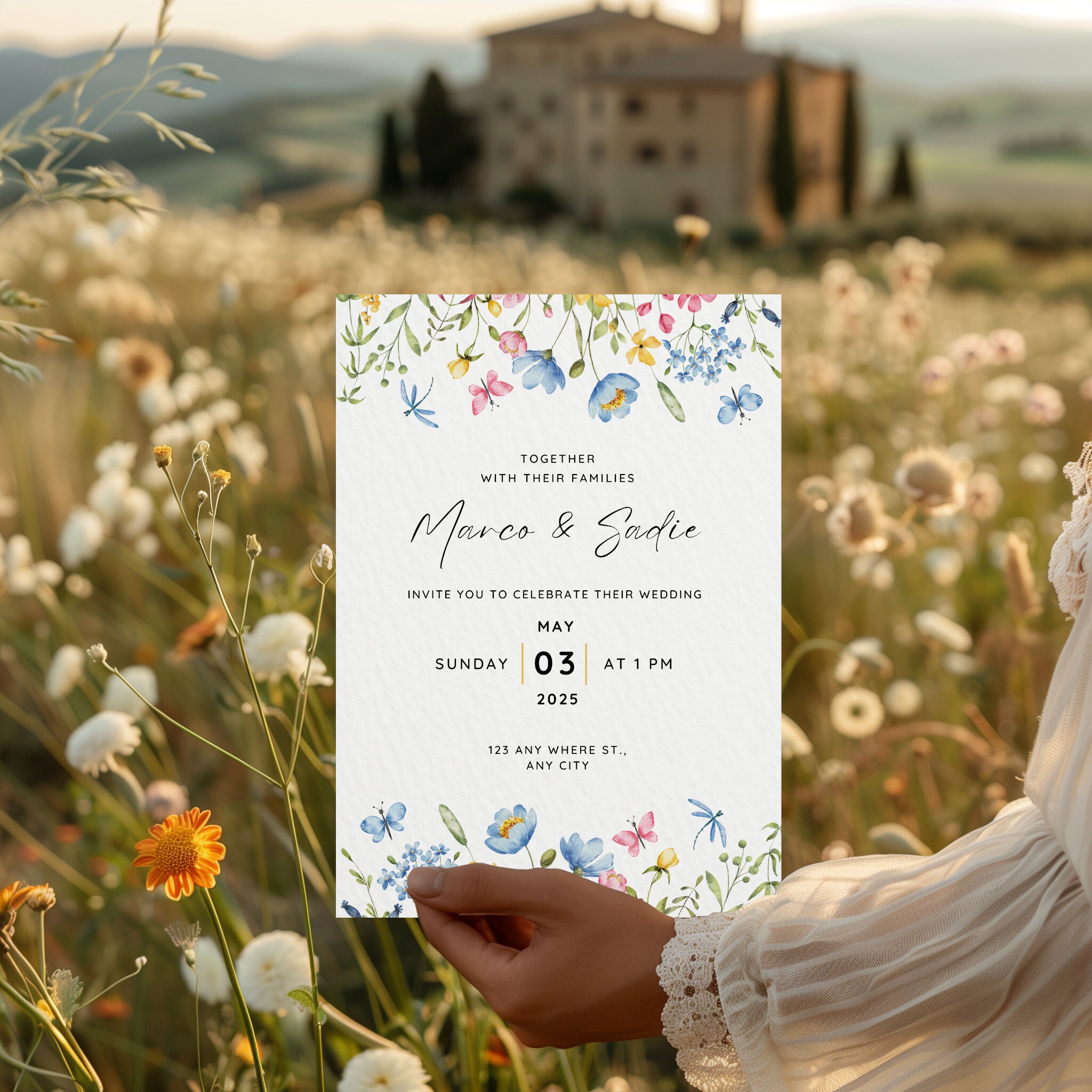Minimal Wildflower Wedding Invitation Template, Unique Canva Online ...