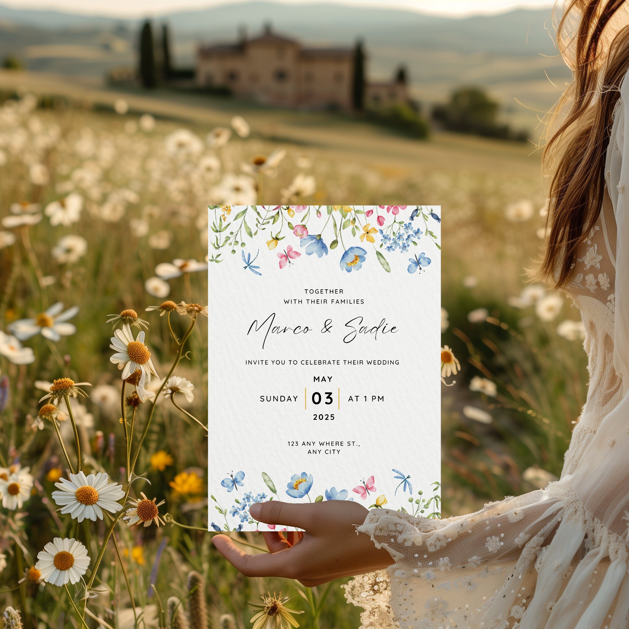 Minimal Wildflower Wedding Invitation Template, Unique Canva Online ...
