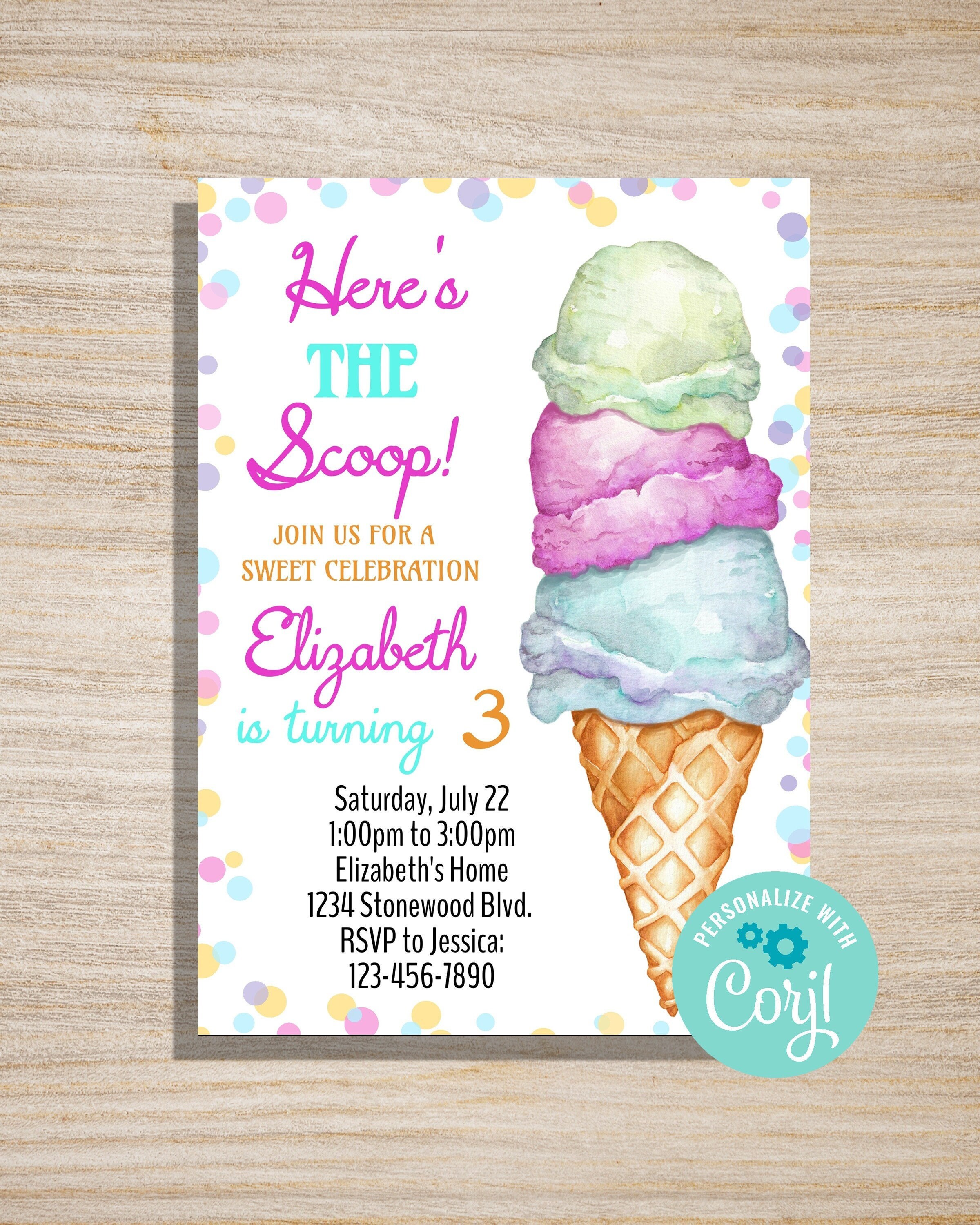 Editable Ice Cream Birthday Invitation: Printable Party (5x7in) - Etsy