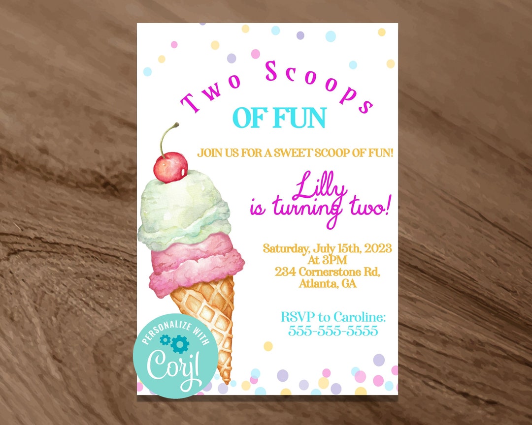 EDITABLE Two Scoops of Fun 2nd Birthday Party Invitation - Etsy
