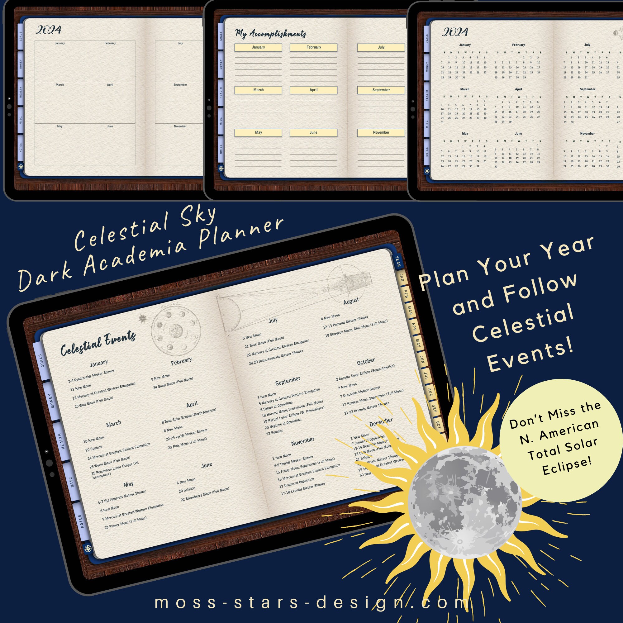 Dark Academia Dated 2024 Digital Planner, Celestial Sky, Hyperlinked ...