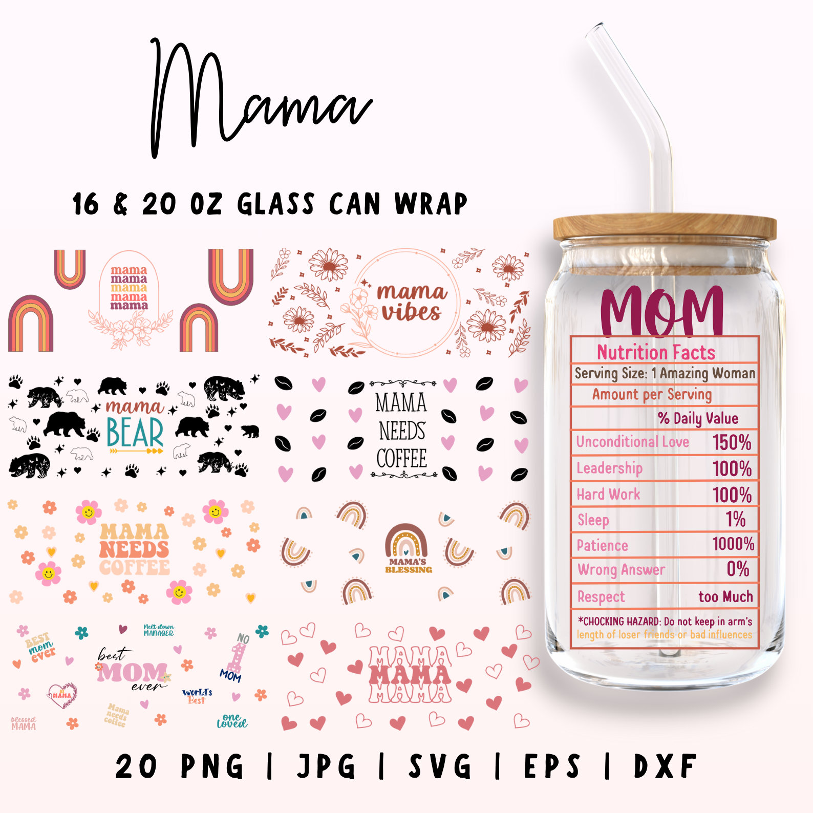 20 Mama Glass Wrap SVG Bundle, Mama 16oz & 20oz Libbey Cut File, Cool ...