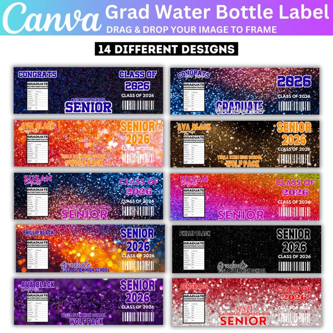 Graduation Water Bottle Labels Canva Template, Grad 2026 Editable ...