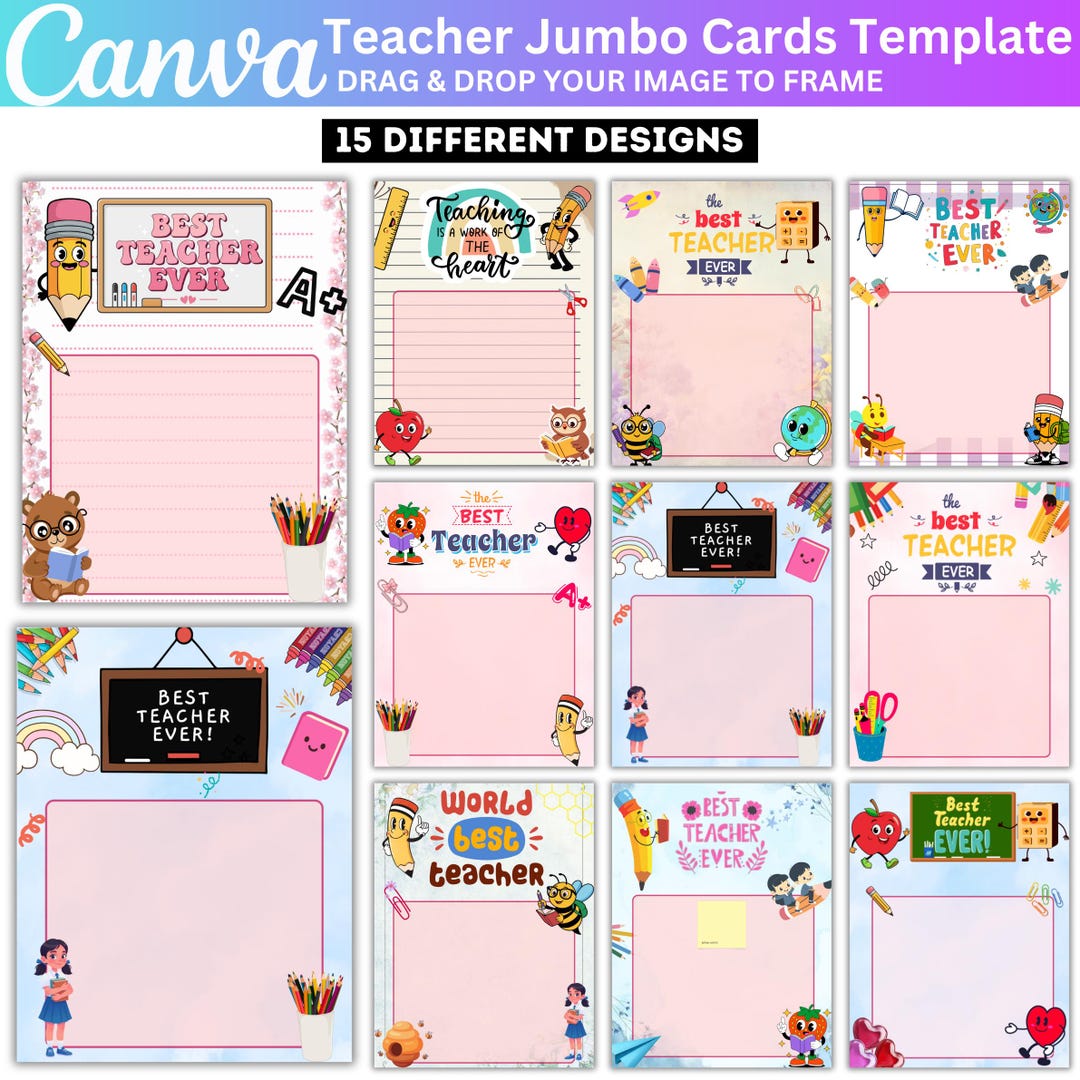 15 Editable Teacher Appreciation Jumbo Card Canva Template, Big Thank ...