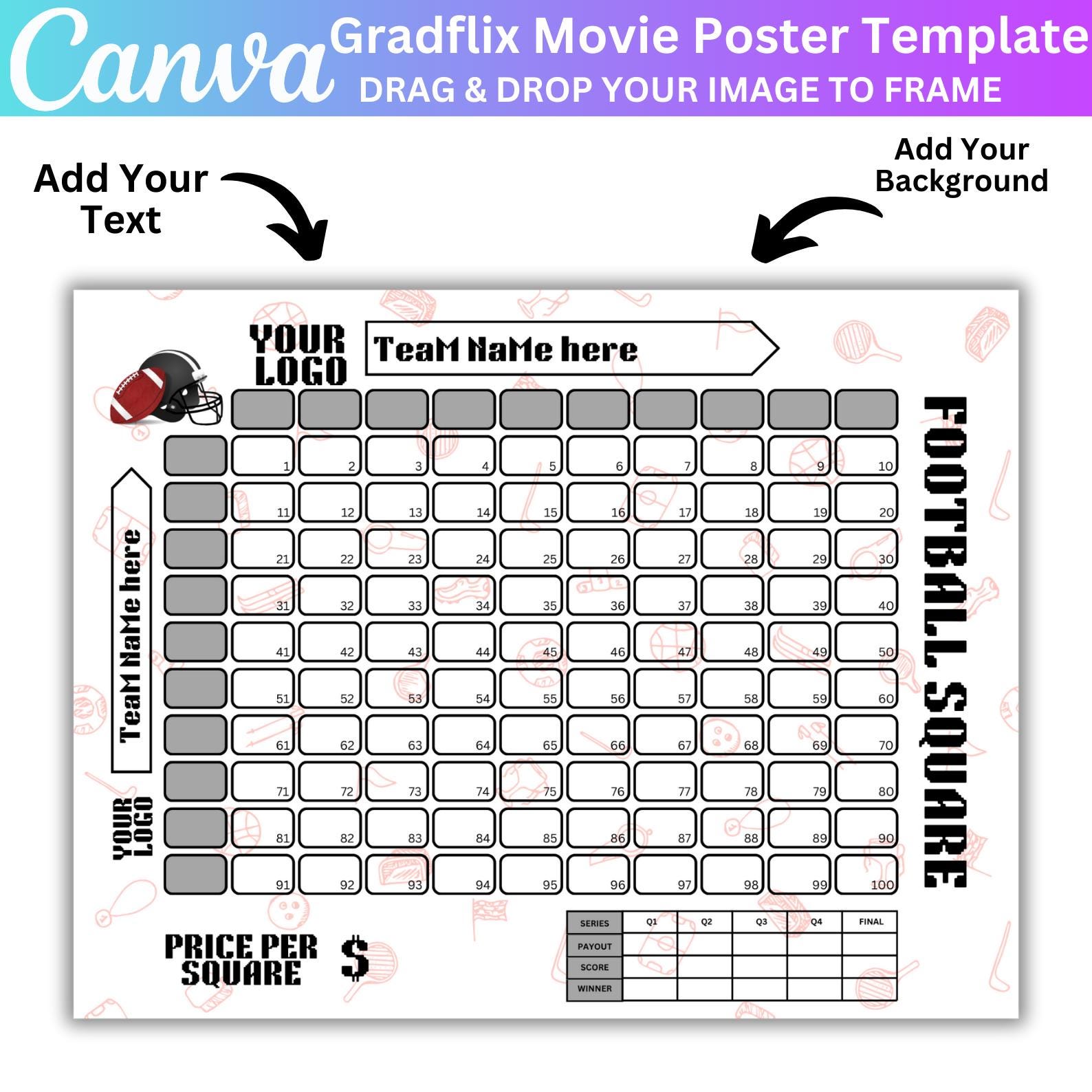 Football Squares Canva Editable Template, 100 Super Big Game Squares ...