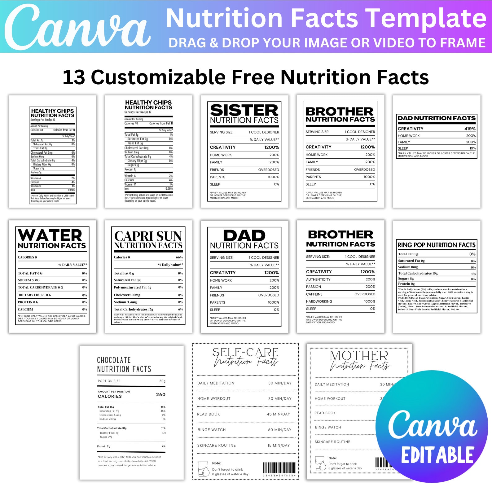 Nutrition Facts Template, Nutrition Fact Canva Template, Birthday Nutrition Fact Template, Canva ...