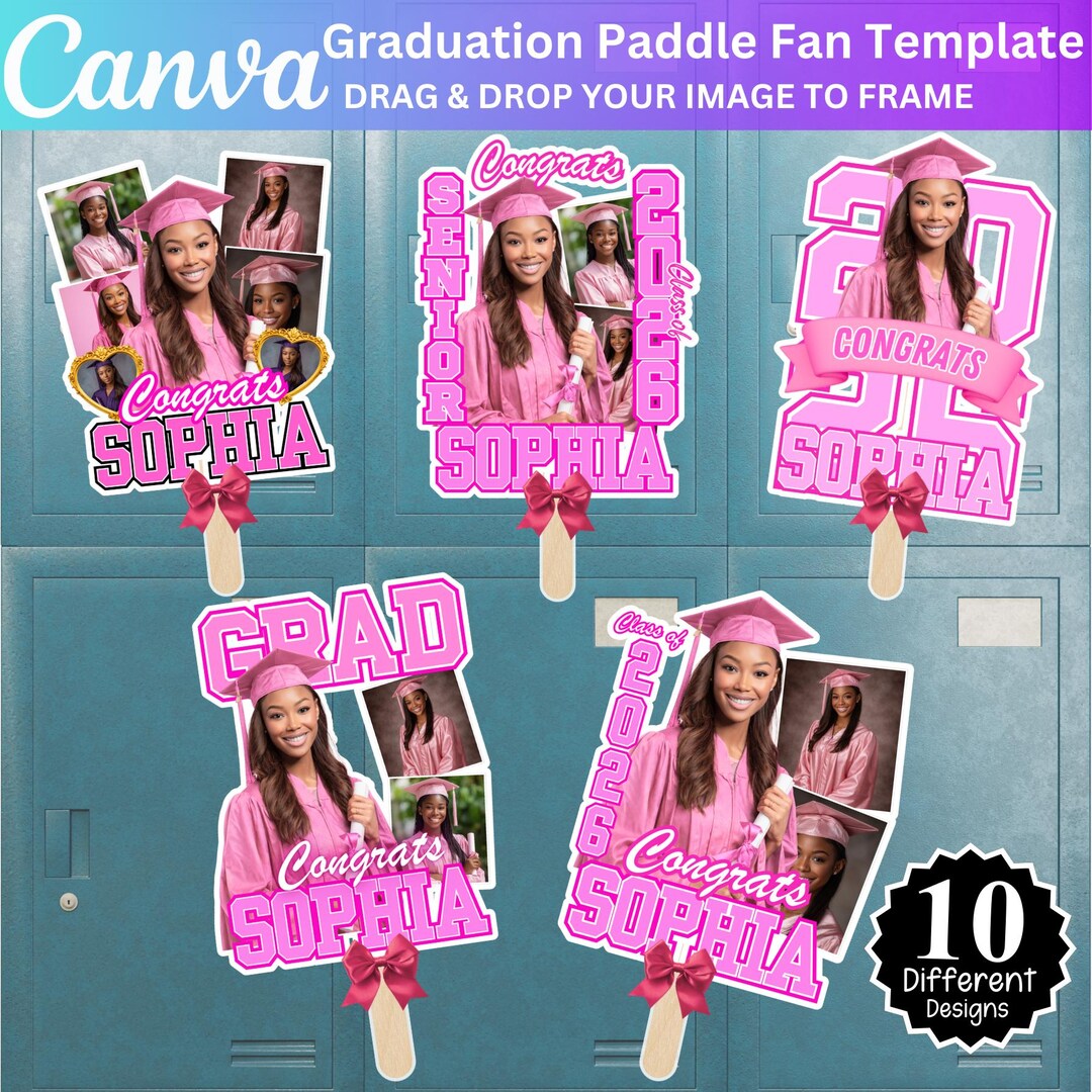 10 Pink Grad Fan Canva Editable Template, Custom Graduation Paddle Fan ...