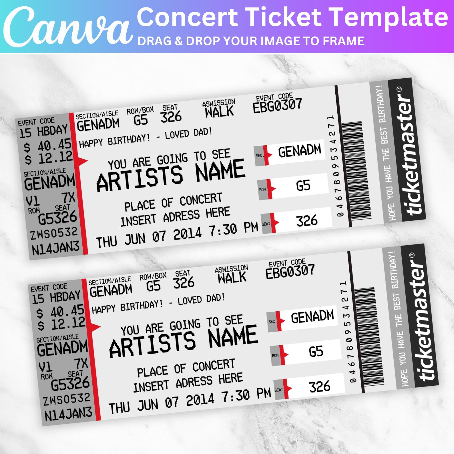 Concert Ticket Canva Editable Template, Ticketmaster Design, Surprise ...