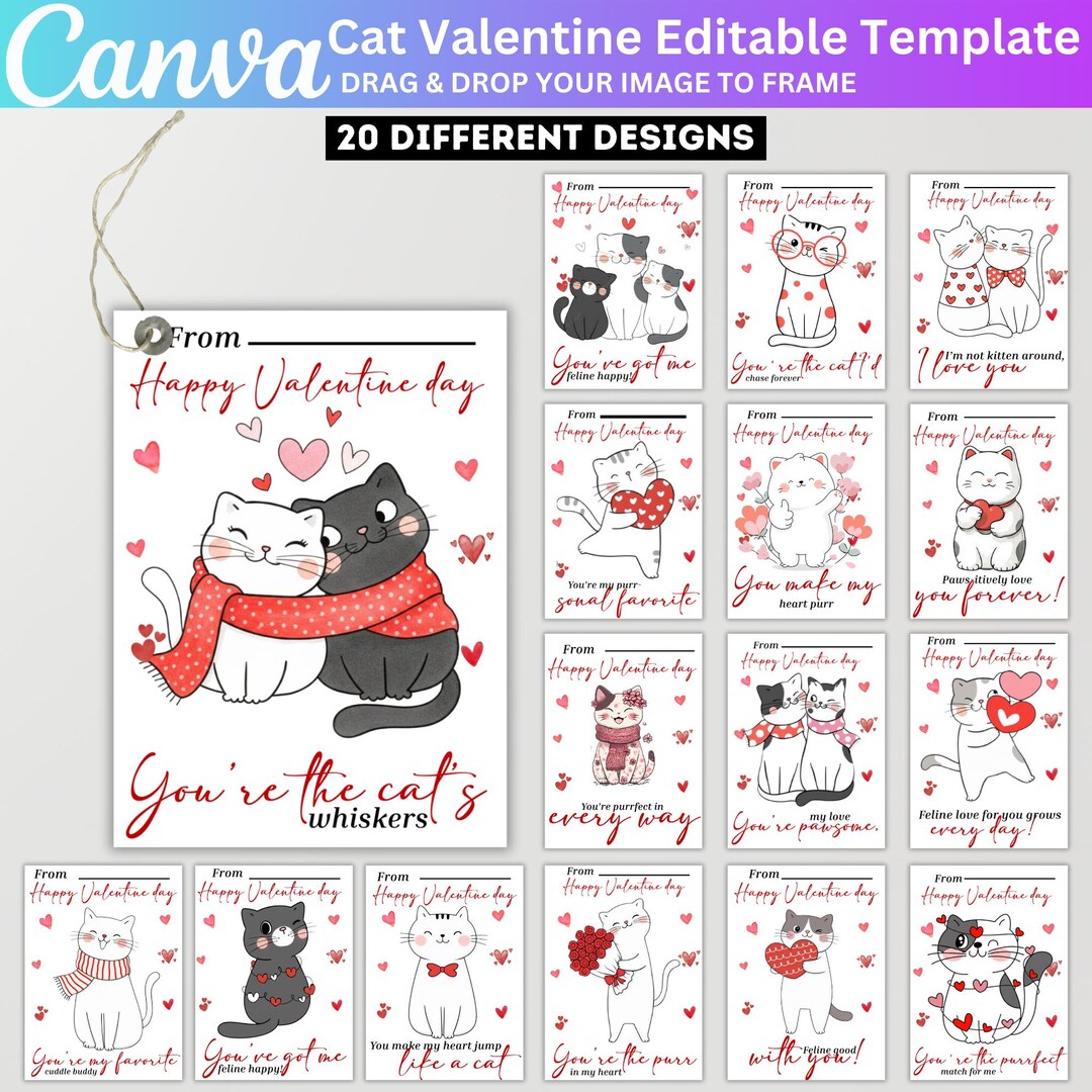 Printable Kitten Valentine's Day Cards, Canva Editable Cat Valentine ...
