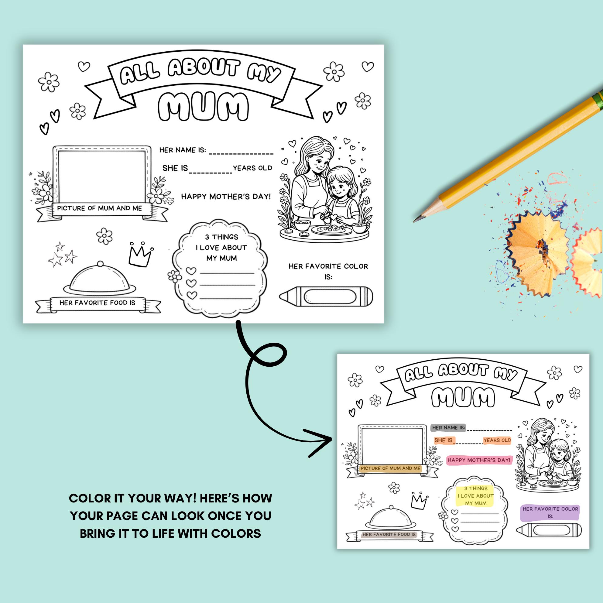 Mother’s Day Activity Sheet Printable, All About Mom Placemat, Kids DIY ...