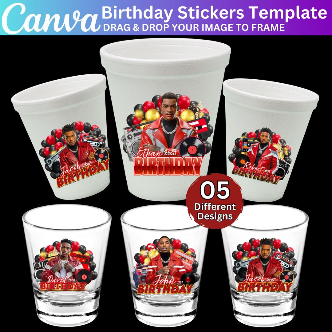 05 Men Birthday Party Cup Template, Canva Editable Birthday Shot Glass ...