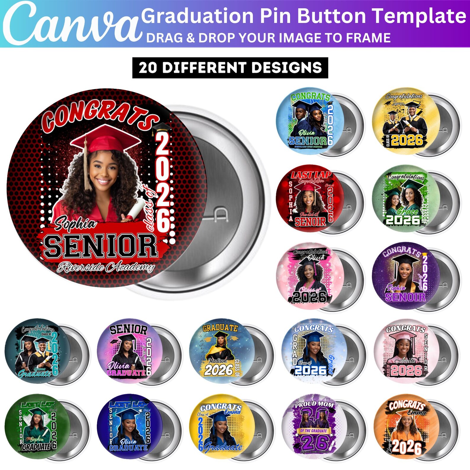 20 Graduation Pin Button Template, Canva Editable Congrats Grad Class ...