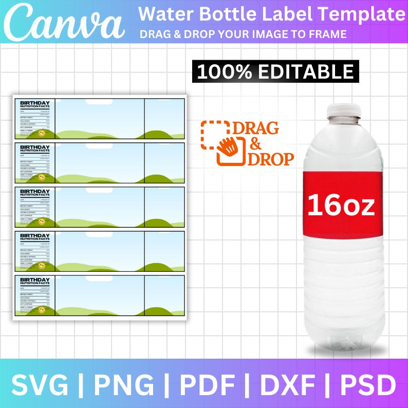 8oz, 16 Oz Water Bottle Template, Water Bottle Label Template, DIY ...