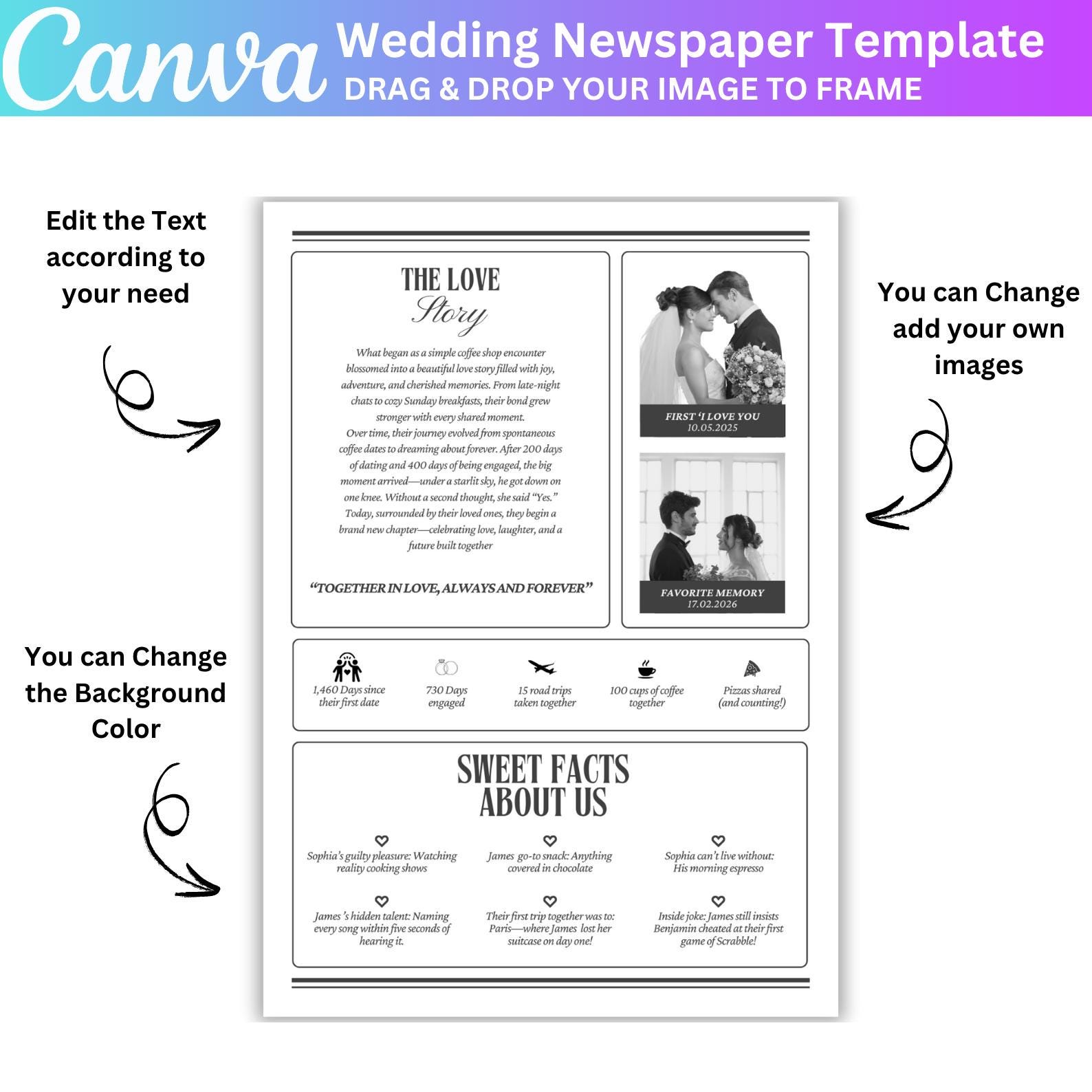 Wedding Newspaper Template, Canva Editable Folded Printable Wedding ...