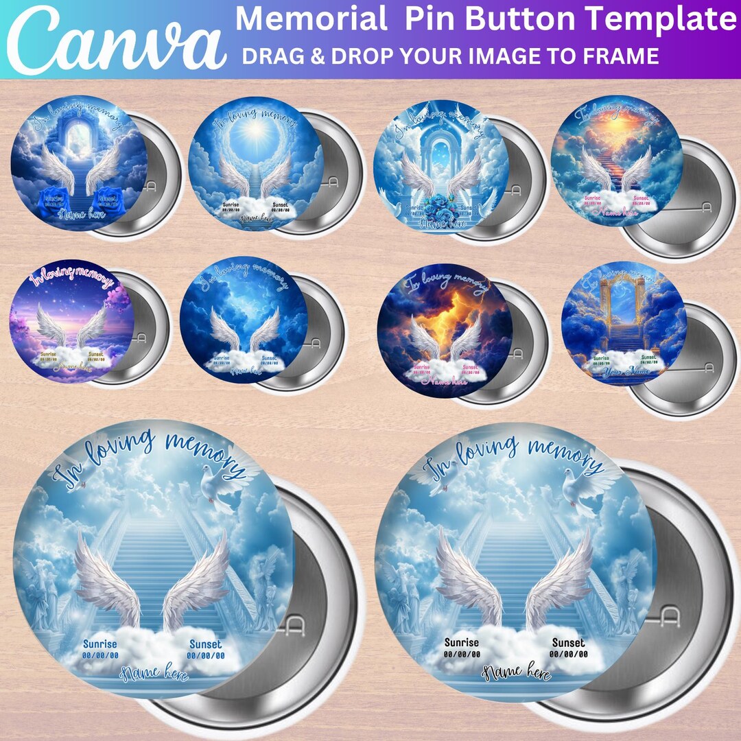 20 in Loving Memory Blue Pin Button Canva Templates, Editable Memorial ...