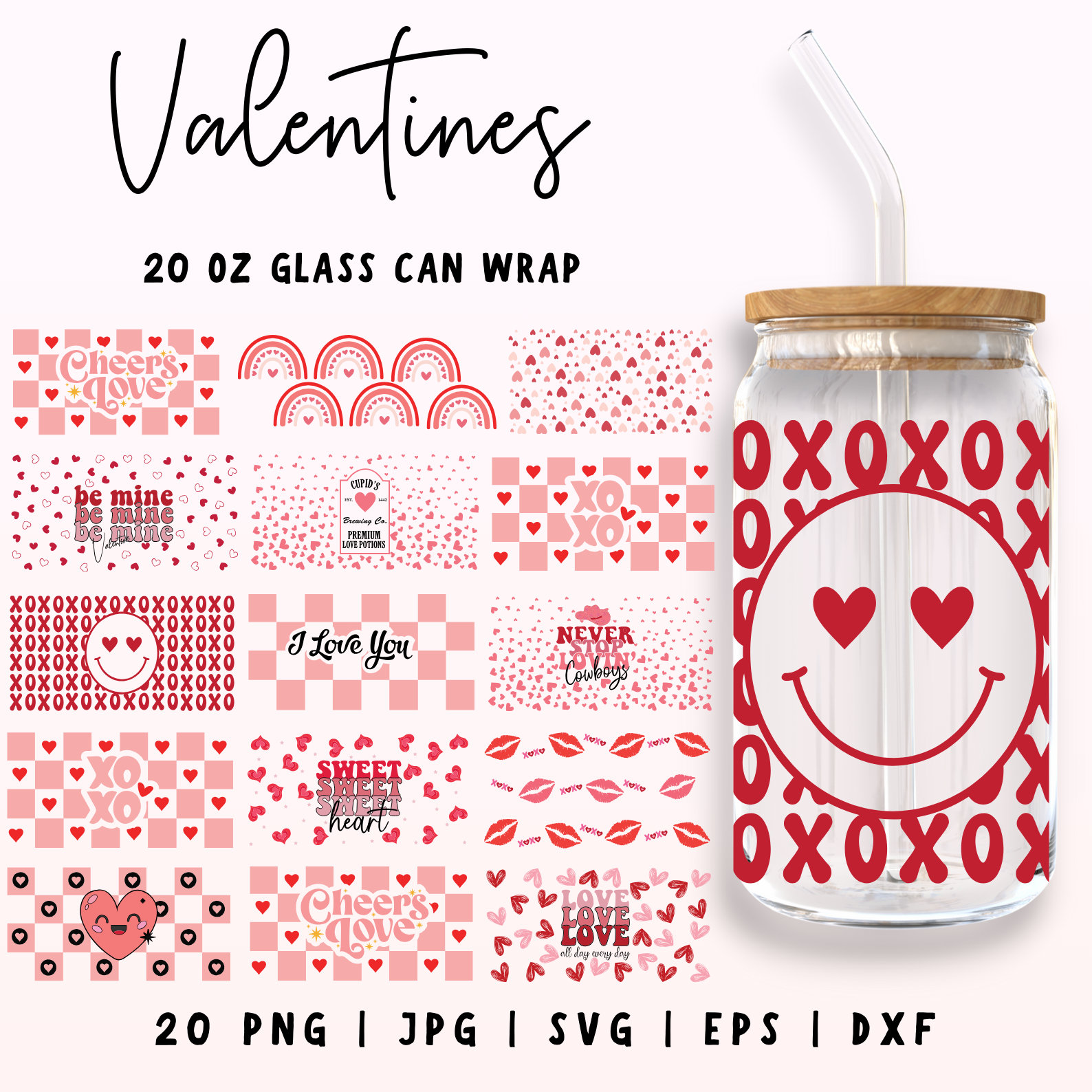 Valentines Glass Can Wrap Svg, Heart Libbey Glass Bundle, 20oz ...
