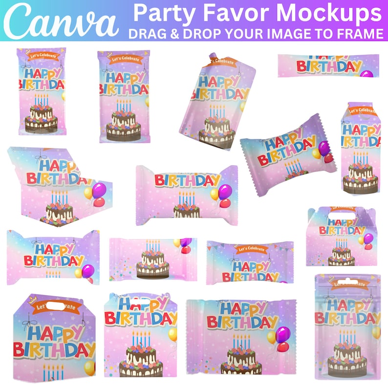 16 Party Favors Canva Editable Template Bundle, Chocolate Bar, Chip Bag ...