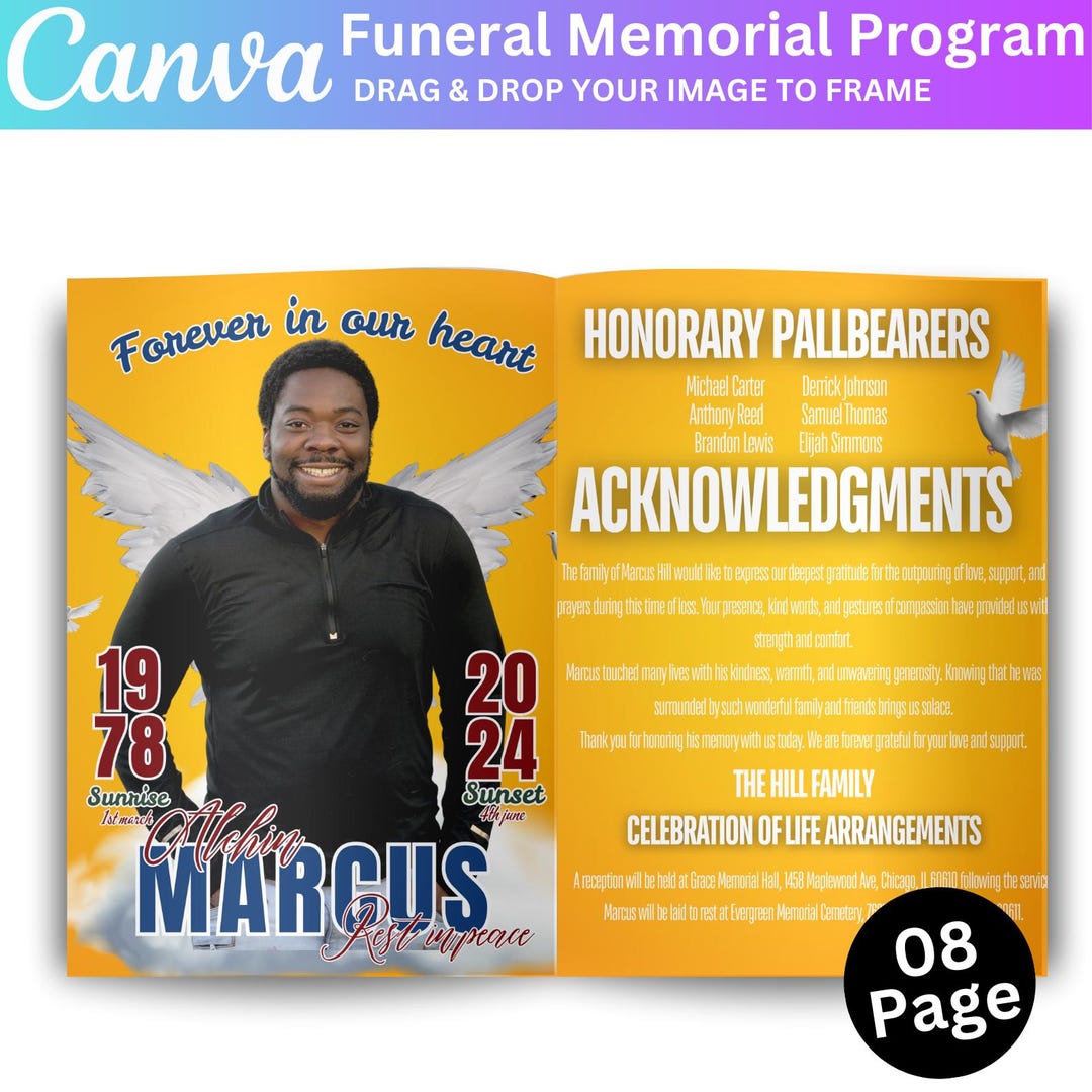 Yellow Funeral Memorial Program Canva Editable Template, Heavenly ...