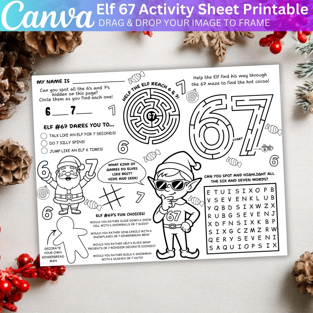 Elf 67 Activity Sheet Printable, Six Seven Meme Funny Christmas Page ...