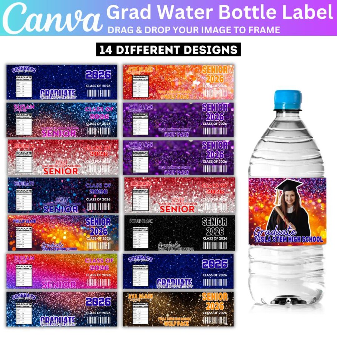 Graduation Water Bottle Labels Canva Template, Grad 2026 Editable ...