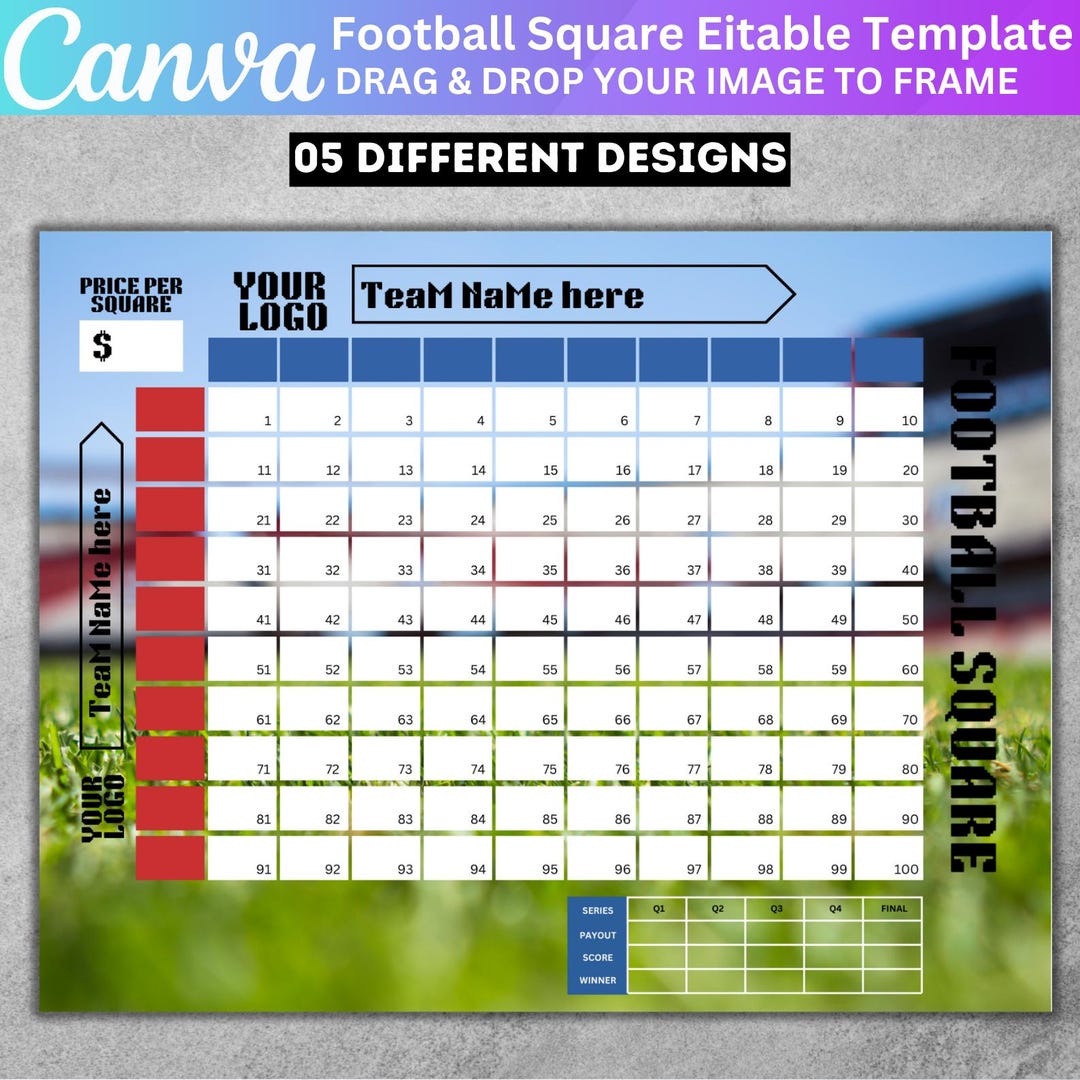 Football Squares Canva Editable Template, 100 Super Big Game Squares ...