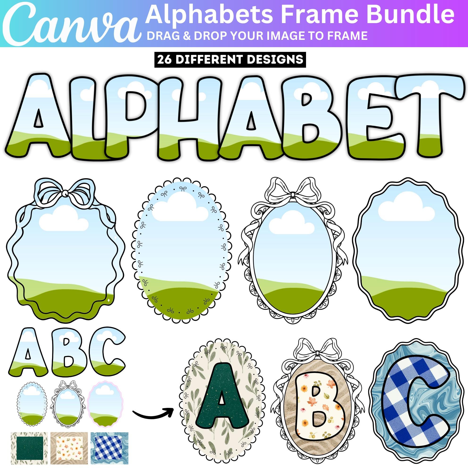 Canva Alphabets Template, Canva Frames Bundle, A-Z Birthday, Memorial ...
