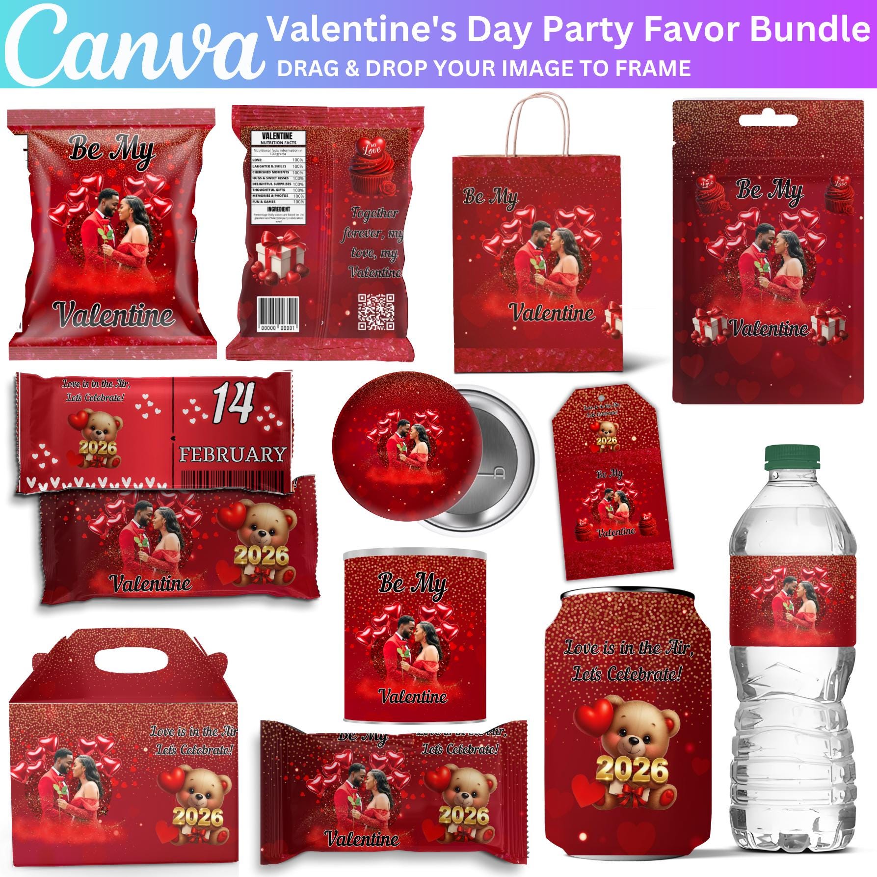 Valentine's Day Party Favor Bundle, Canva Editable Valentine’s Theme ...
