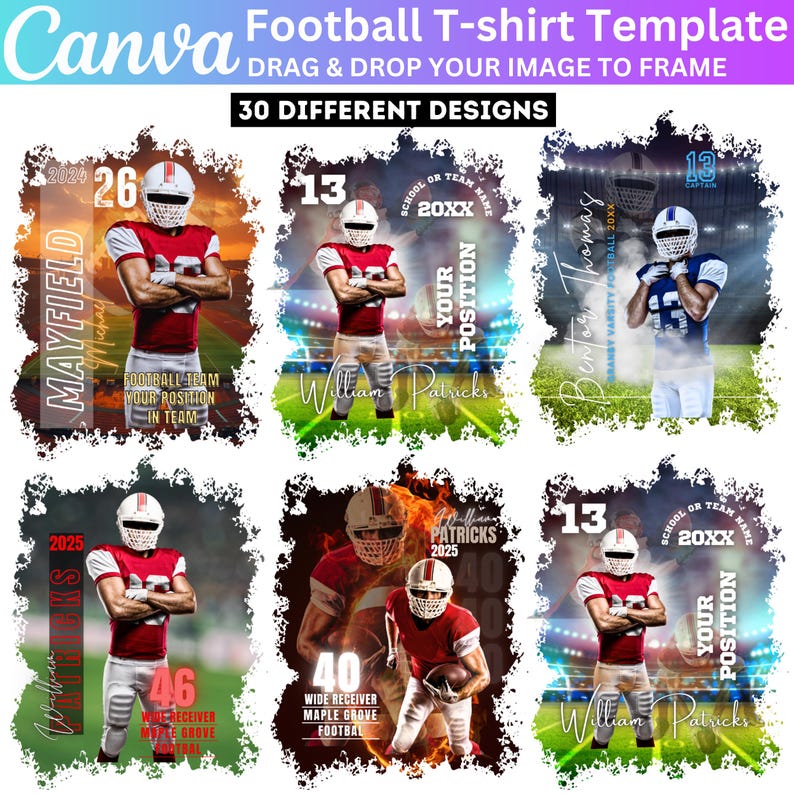 30 Football T Shirt Canva Editable Template, Custom Football T Shirt ...