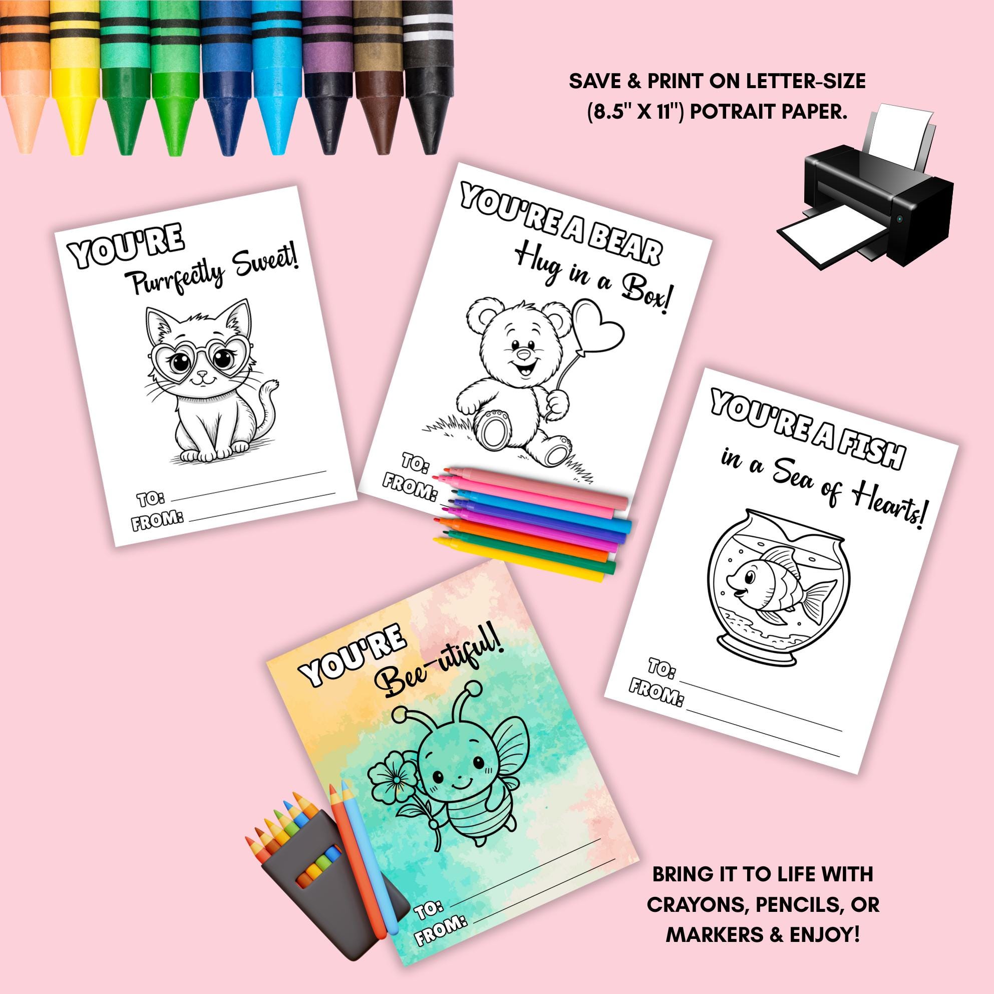 30 Valentines Coloring Cards, Printable Valentine's Cards for Kids ...