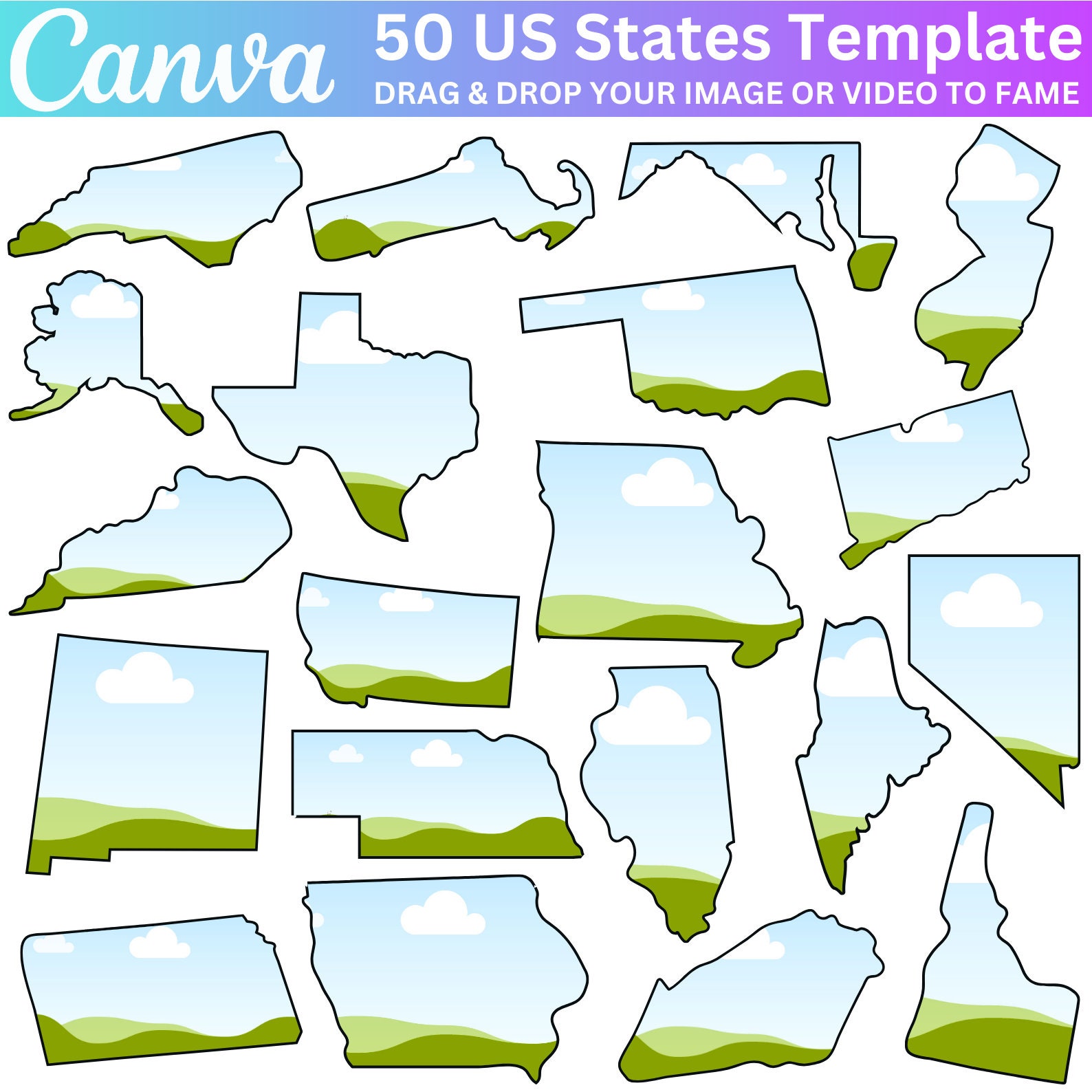 50 USA States Custom Canva Frames, Individual State Design, Editable ...