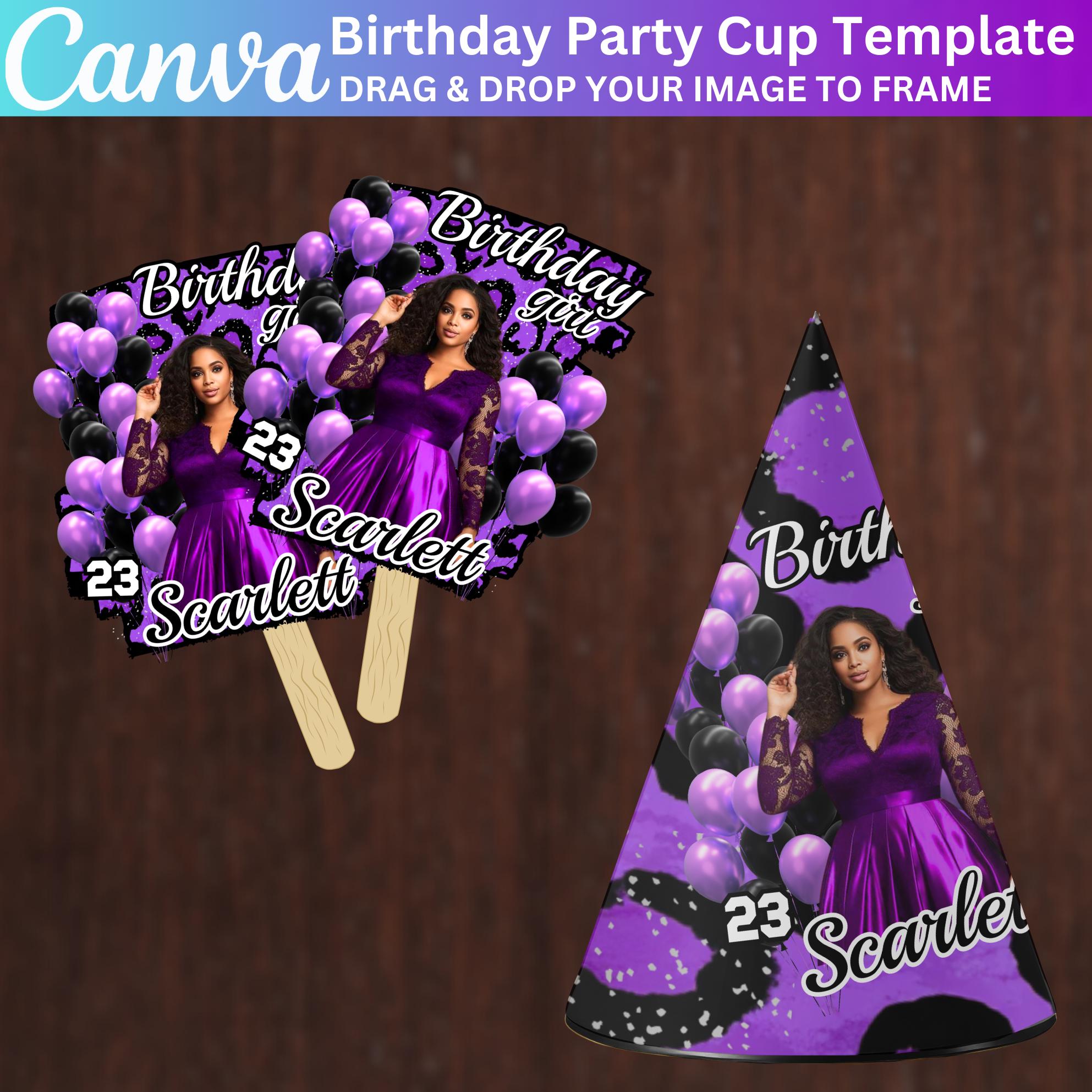 Canva Editable Purple Birthday Party Designs, Birthday Party Cup ...