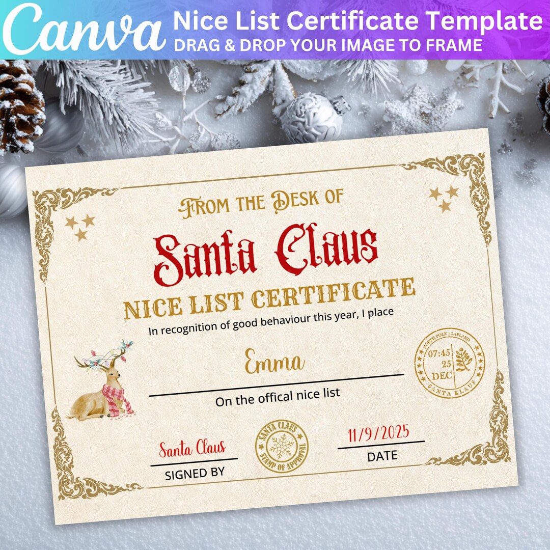 Nice List Official Certificate From Santa Claus, Letter From Santa ...