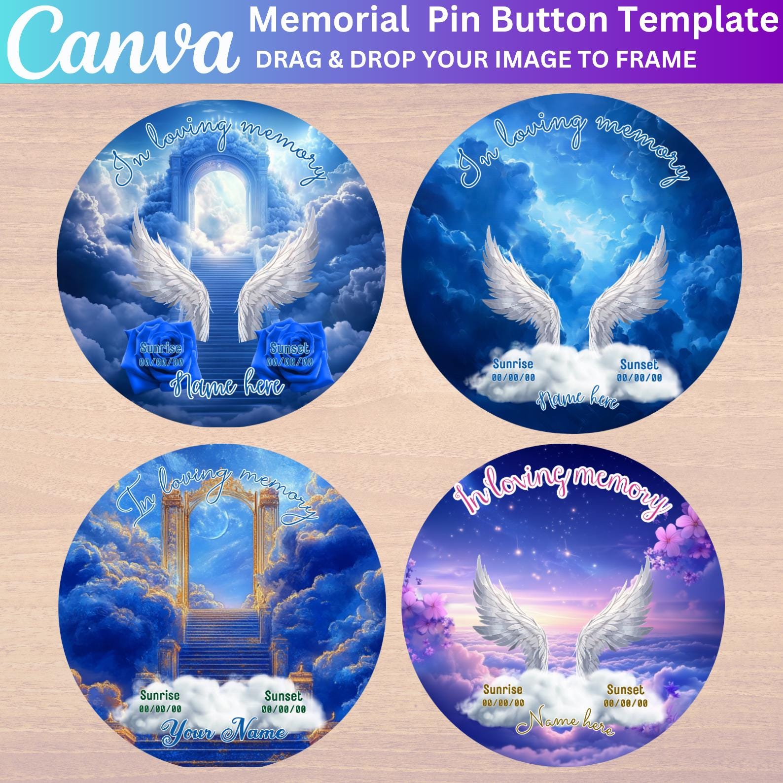 20 in Loving Memory Blue Pin Button Canva Templates, Editable Memorial ...