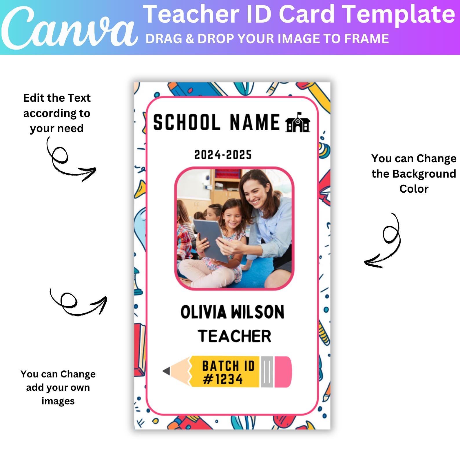 Teacher ID Card Canva Editable Template, Customizable ID Card Template ...