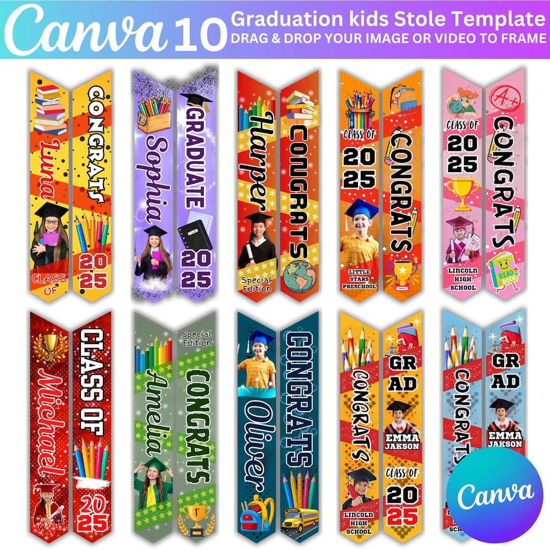 Kids Graduation Stole Canva Editable Template, Grad Kids Stole 2025 ...