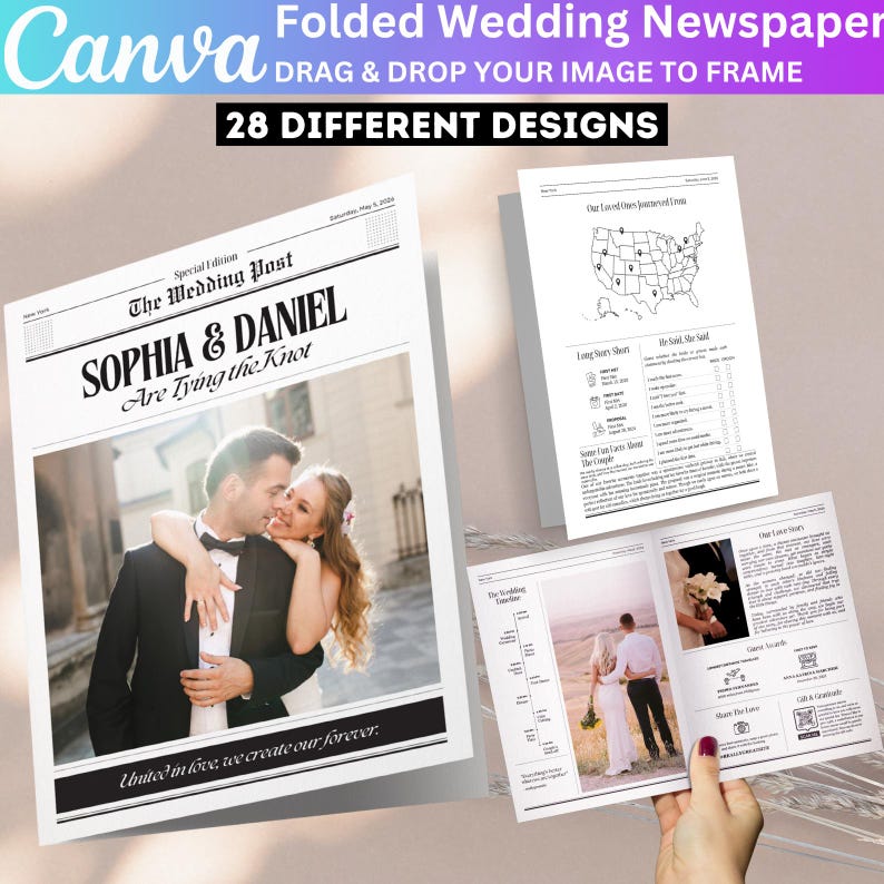Folded Printable Wedding Newspaper Template, Canva Editable Wedding ...