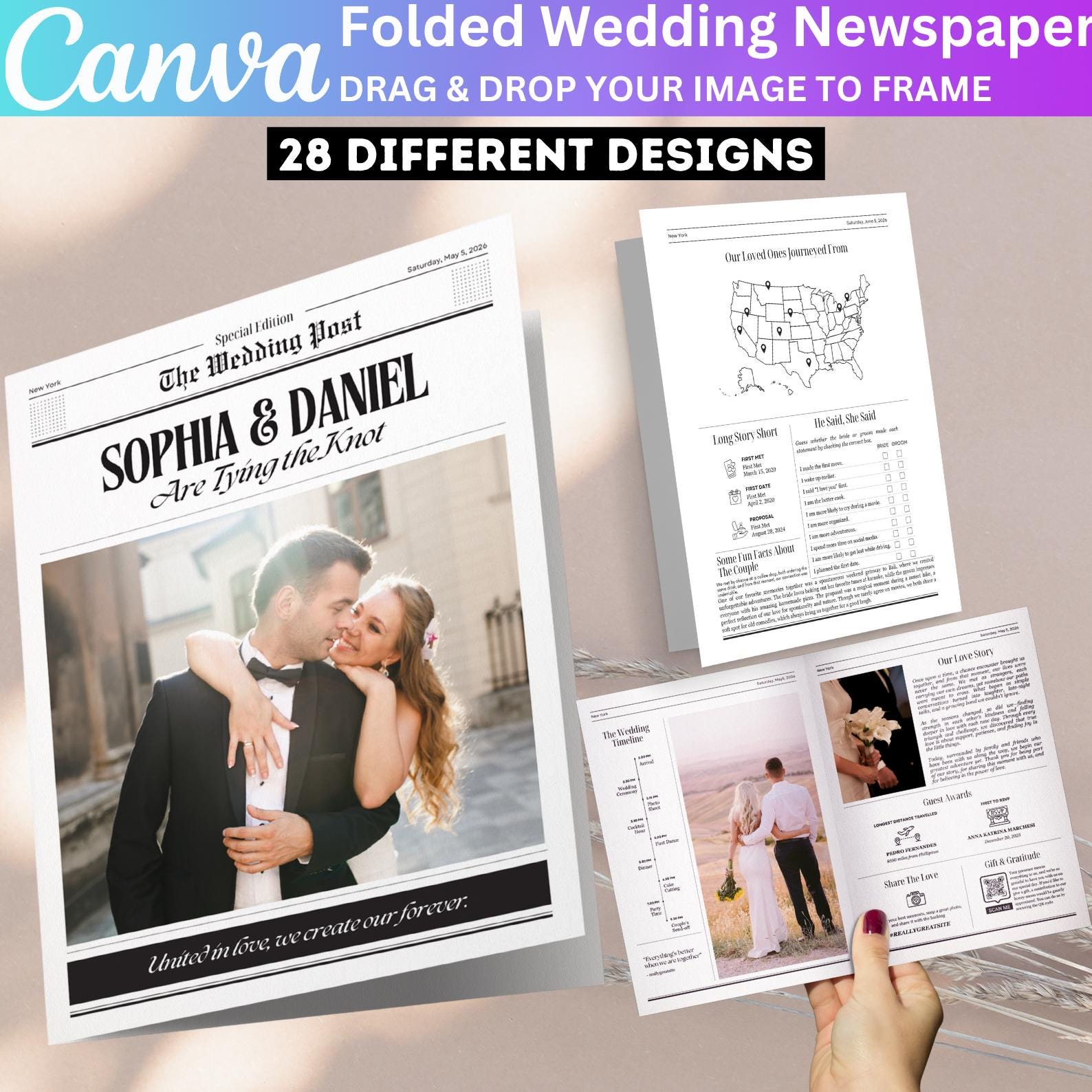 Folded Printable Wedding Newspaper Template, Canva Editable Wedding ...